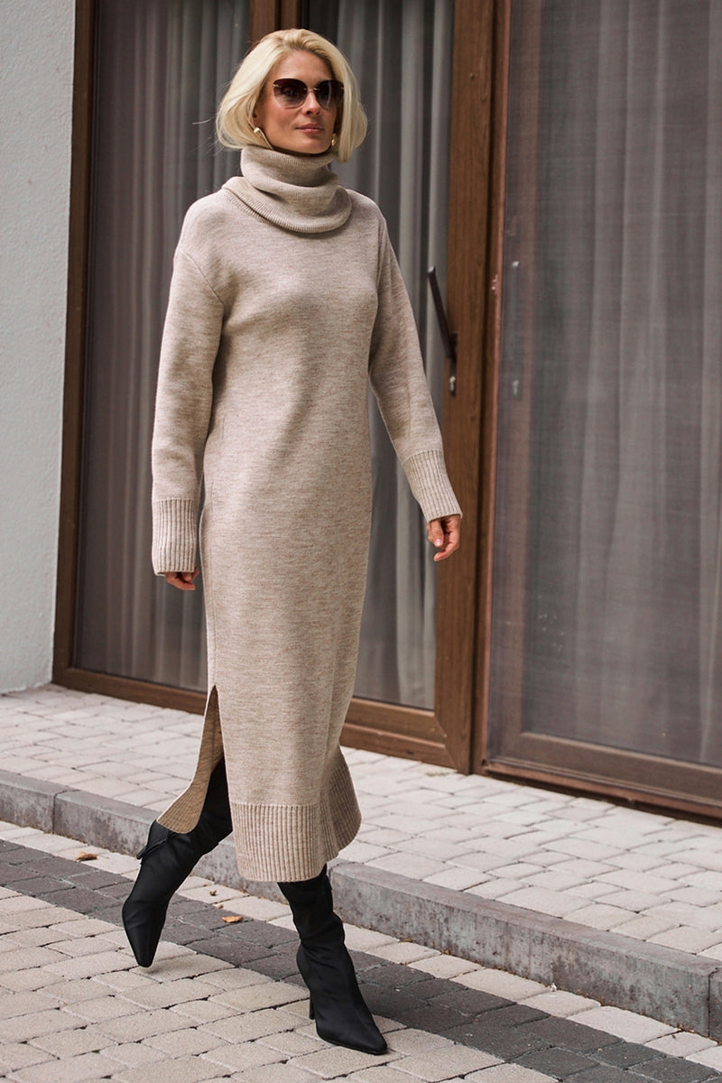 Wool Knit Midi Dress With Detachable Cowl Collar and Side Slits