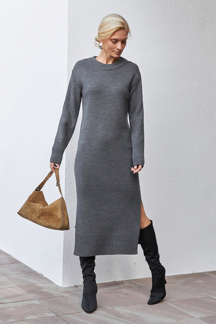 Wool Knit Midi Dress With Detachable Cowl Collar and Side Slits