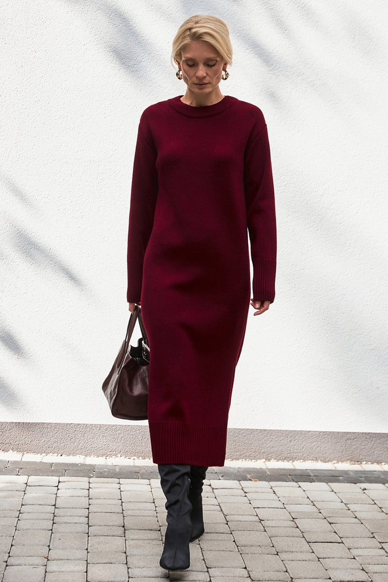 Wool Knit Midi Dress With Detachable Cowl Collar and Side Slits