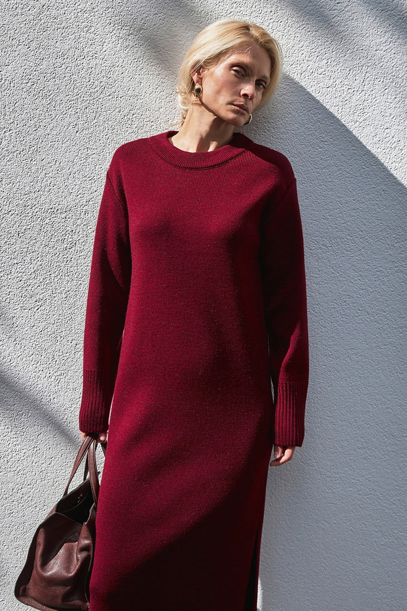 Wool Knit Midi Dress With Detachable Cowl Collar and Side Slits