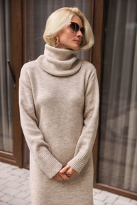 Wool Knit Midi Dress With Detachable Cowl Collar and Side Slits